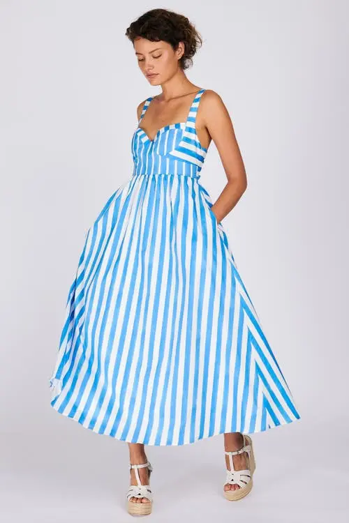 RACHEL ANTONOFF Victoria Maxi Dress Blue & White Striped Cotton Sateen - Painted Over Mix