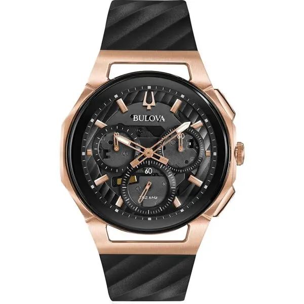 Bulova Curv Chronograph Rose Gold Tone Stainless Steel Rubber Strap Watch - Black