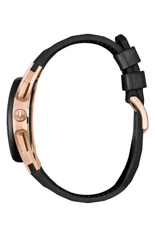 Bulova Curv Chronograph Rose Gold Tone Stainless Steel Rubber Strap Watch - Black