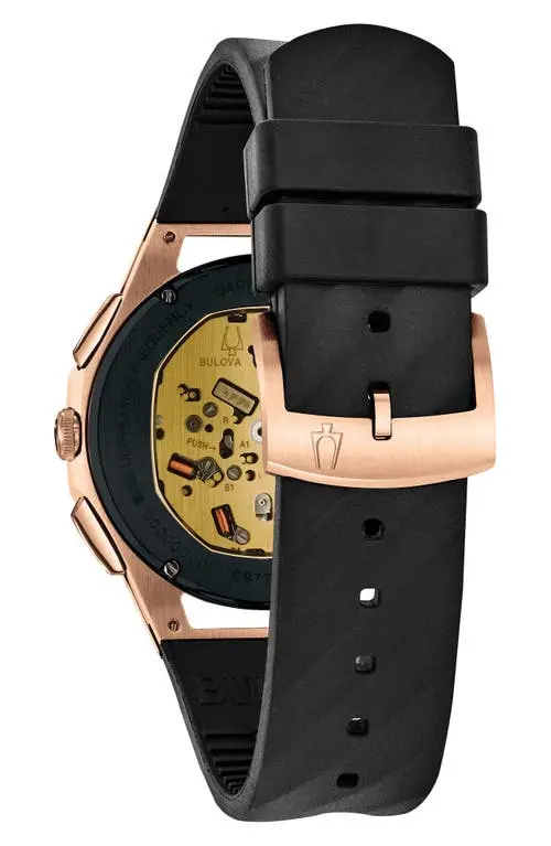 Bulova Curv Chronograph Rose Gold Tone Stainless Steel Rubber Strap Watch - Black
