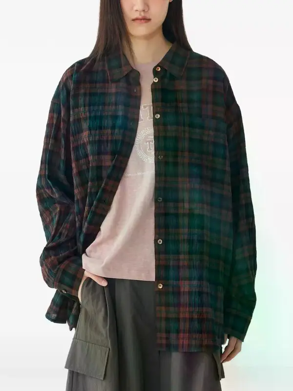 STUDIO TOMBOY Checkered Textured Oversized Shirt - Brown