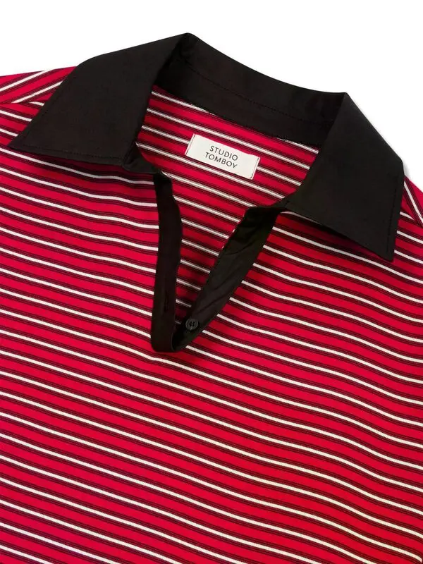 STUDIO TOMBOY Striped Short-sleeve Polo Shirt With Contrast Collar - Red