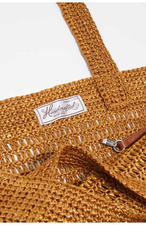 Bimba Y Lola Large Woven Tote Bag With Leather Details - Gold