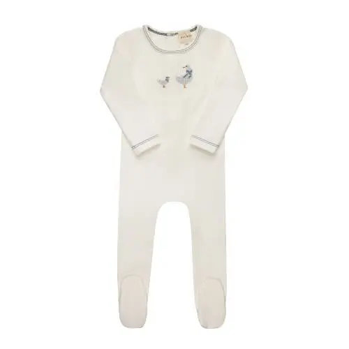 ELY'S & CO. Footie With Cross Stitch Duckling Embroidery - Ivory/blue