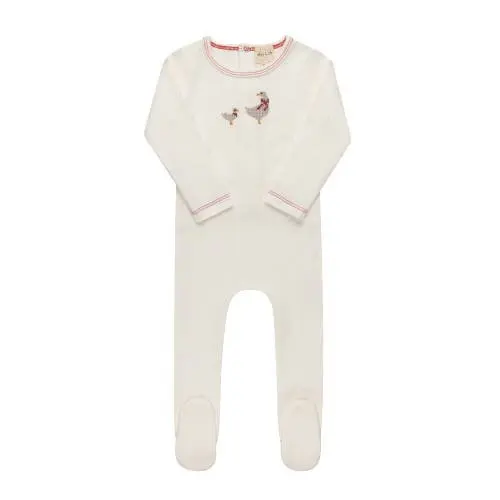ELY'S & CO. Footie With Cross Stitch Duckling Embroidery - Ivory/pink