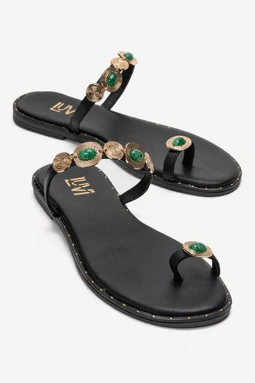 FOREVER & ALWAYS SHOES Martinez Leather Thong Sandal With Metal And Stone Detailing - Black