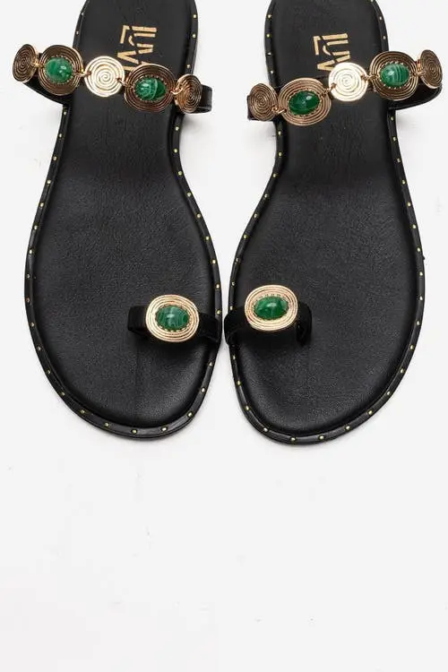 FOREVER & ALWAYS SHOES Martinez Leather Thong Sandal With Metal And Stone Detailing - Black