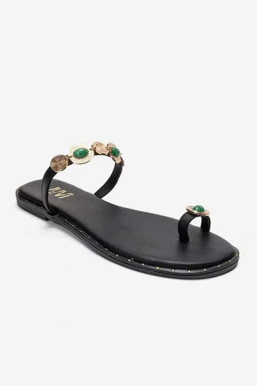 FOREVER & ALWAYS SHOES Martinez Leather Thong Sandal With Metal And Stone Detailing - Black