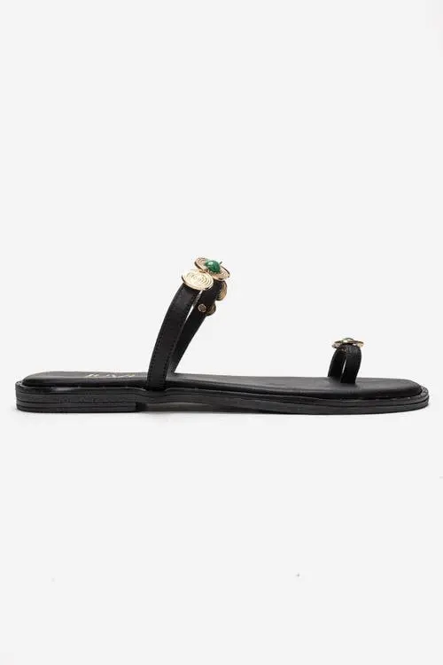 FOREVER & ALWAYS SHOES Martinez Leather Thong Sandal With Metal And Stone Detailing - Black