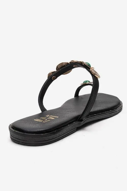 FOREVER & ALWAYS SHOES Martinez Leather Thong Sandal With Metal And Stone Detailing - Black