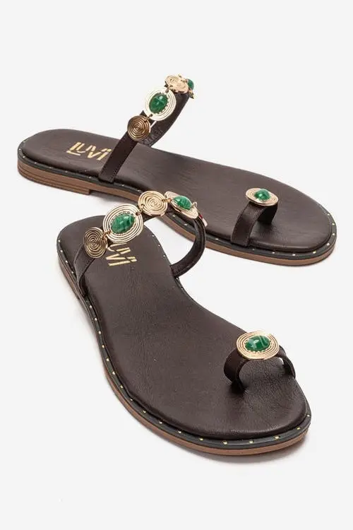 FOREVER & ALWAYS SHOES Martinez Leather Thong Sandal With Metal And Stone Detailing - Brown