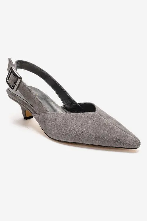 FOREVER & ALWAYS SHOES Leather Slingback Kitten Heel Pump - Grey Suede