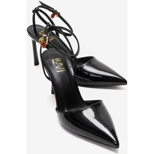 PROLOGUE SHOES Thalia Stiletto Pump With Embellished Ankle Strap - Black Patent