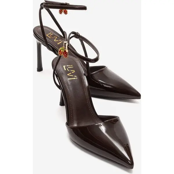 PROLOGUE SHOES Thalia Stiletto Pump With Embellished Ankle Strap - Brown Patent