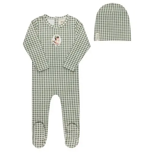 ELY'S & CO. Gingham Owl Collection Footie + Beanie - Sage