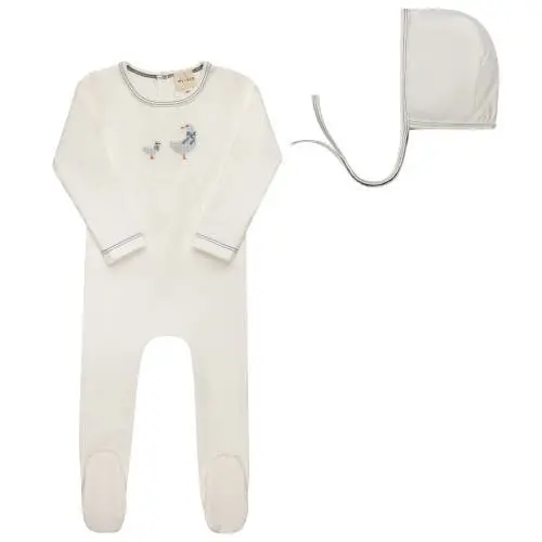 ELY'S & CO. Cross Stitch Duckling Collection Footie With Bonnet - Ivory/blue