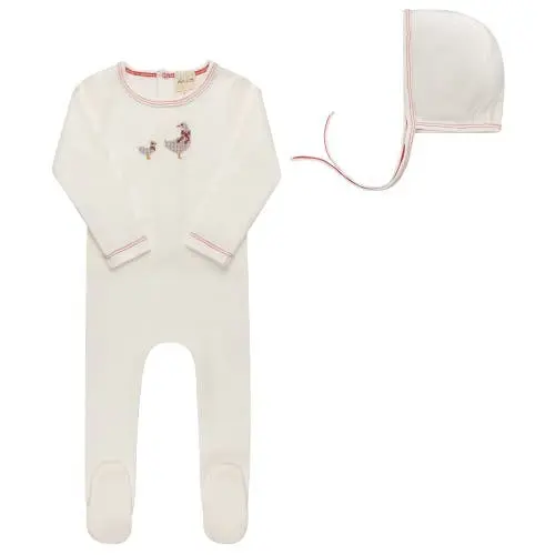 ELY'S & CO. Cross Stitch Duckling Collection Footie With Bonnet - Ivory/pink