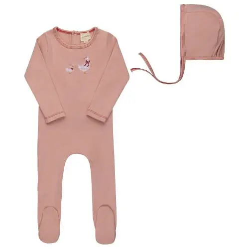 ELY'S & CO. Cross Stitch Duckling Collection Footie With Bonnet - Pink
