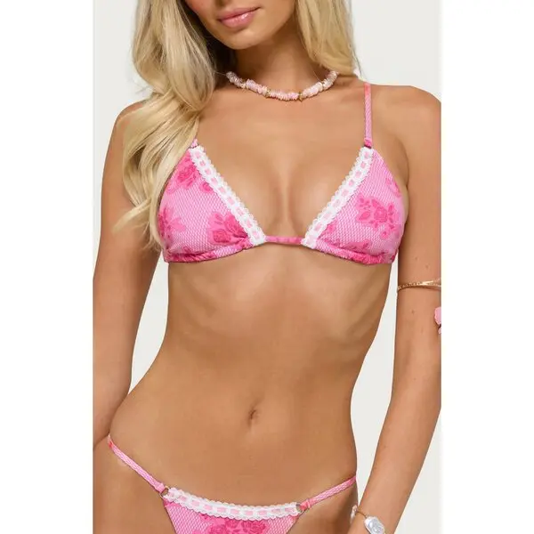EDIKTED Zadia Lacey Floral Triangle Bikini Top - Pink
