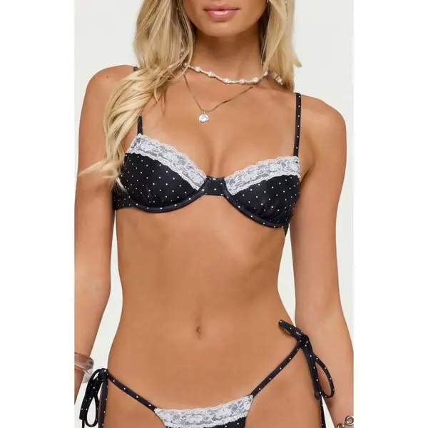 EDIKTED Nicci Polka Dot Lace Trim Underwire Bikini Top - Black/white