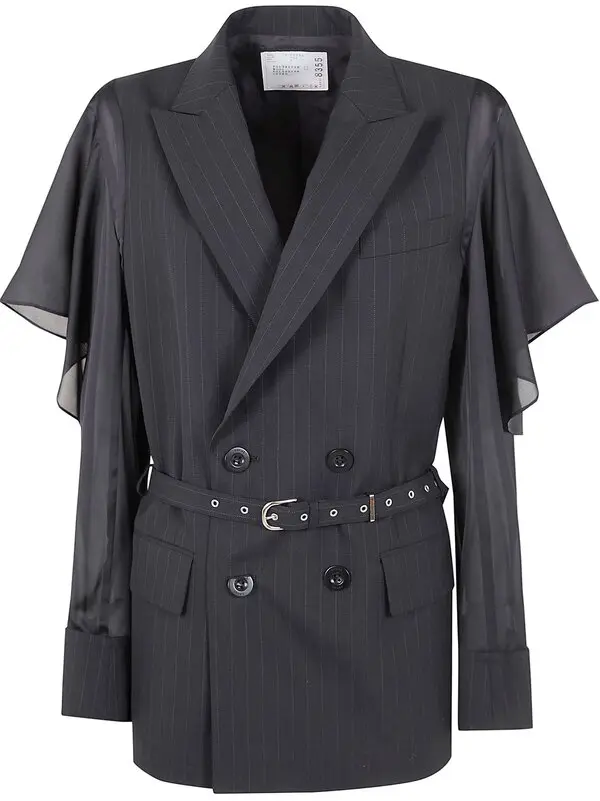 Sacai Chalk Stripe Double Breasted Jacket With Ruffle Detailing - Black