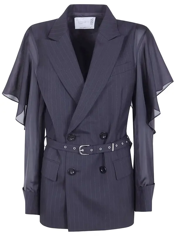 Sacai Chalk Stripe Double Breasted Blazer With Ruffled Sleeves - Black