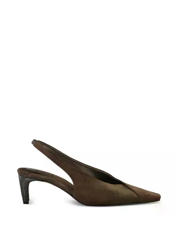 Brunello Cucinelli Suede Monili Embellished Heel Slingback Pumps