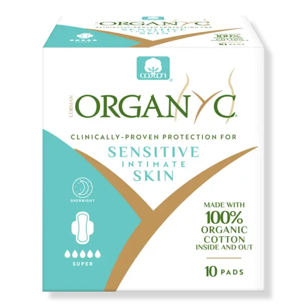 ORGANYC 100% Certified Organic Cotton Feminine Pads, Super Flow For Overnight - One-color