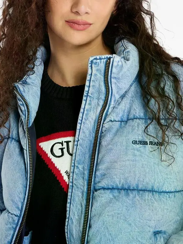 Guess Denim Quilted High Neck Puffer Jacket