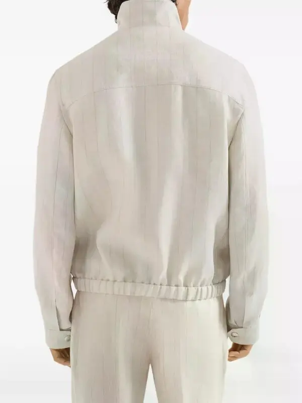 Brunello Cucinelli Linen Chalk Stripe Chevron Zip-up Jacket - Neutrals