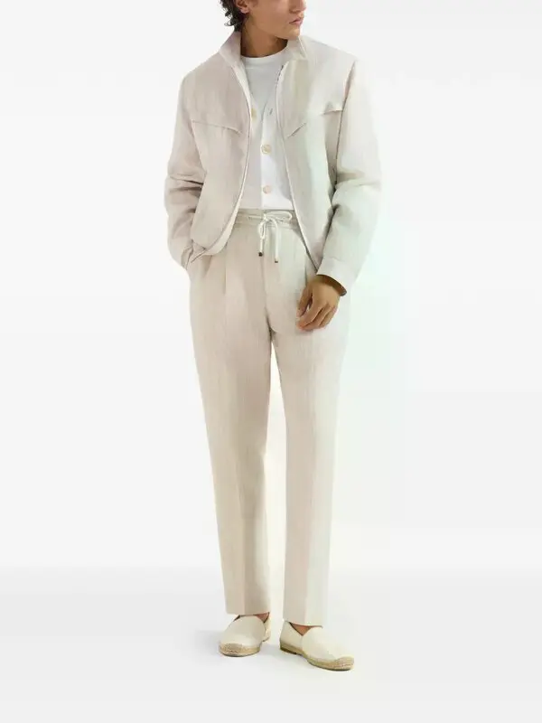 Brunello Cucinelli Linen Chalk Stripe Chevron Zip-up Jacket - Neutrals