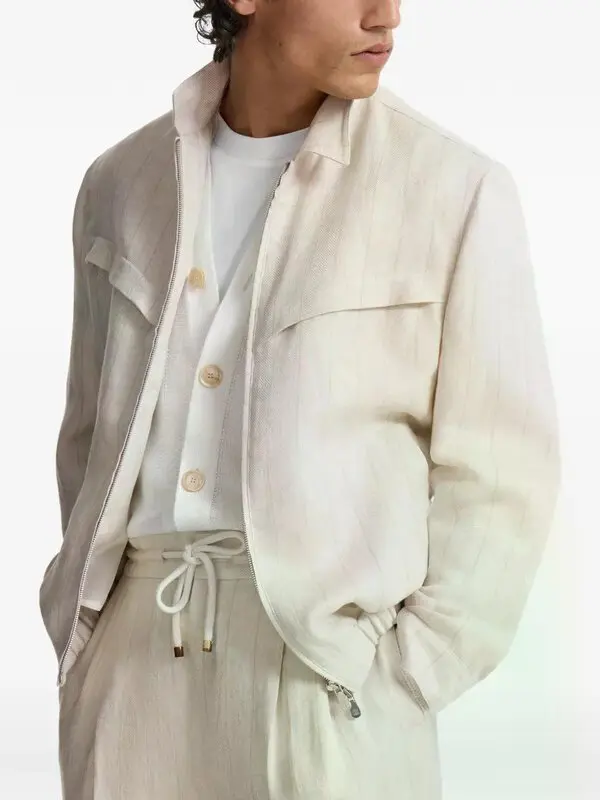 Brunello Cucinelli Linen Chalk Stripe Chevron Zip-up Jacket - Neutrals