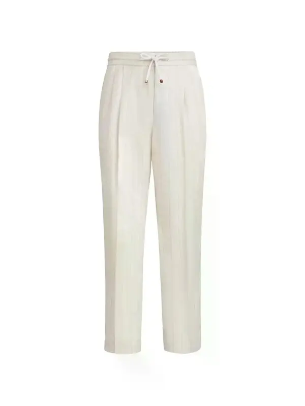 Brunello Cucinelli Linen Chevron Chalk Stripe Trousers With Drawstring And Double Pleats - Neutrals