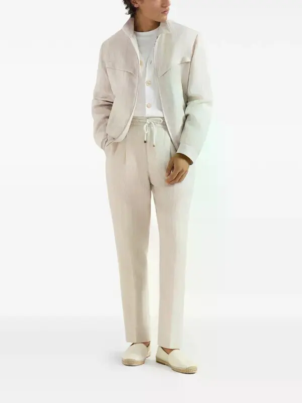 Brunello Cucinelli Linen Chevron Chalk Stripe Trousers With Drawstring And Double Pleats - Neutrals