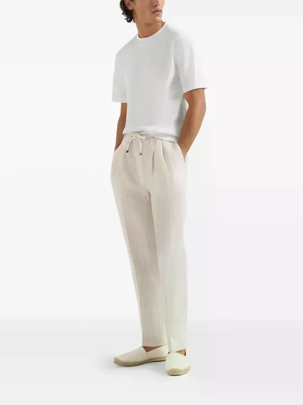 Brunello Cucinelli Linen Chevron Chalk Stripe Trousers With Drawstring And Double Pleats - Neutrals