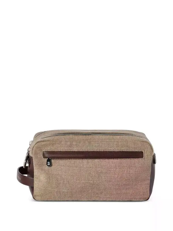 Brunello Cucinelli Water-resistant Canvas And Burnished Calfskin Beauty Case With Double Zipper - Brown