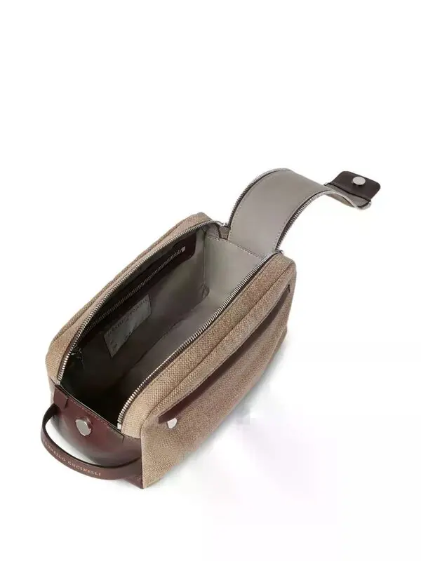 Brunello Cucinelli Water-resistant Canvas And Burnished Calfskin Beauty Case With Double Zipper - Brown