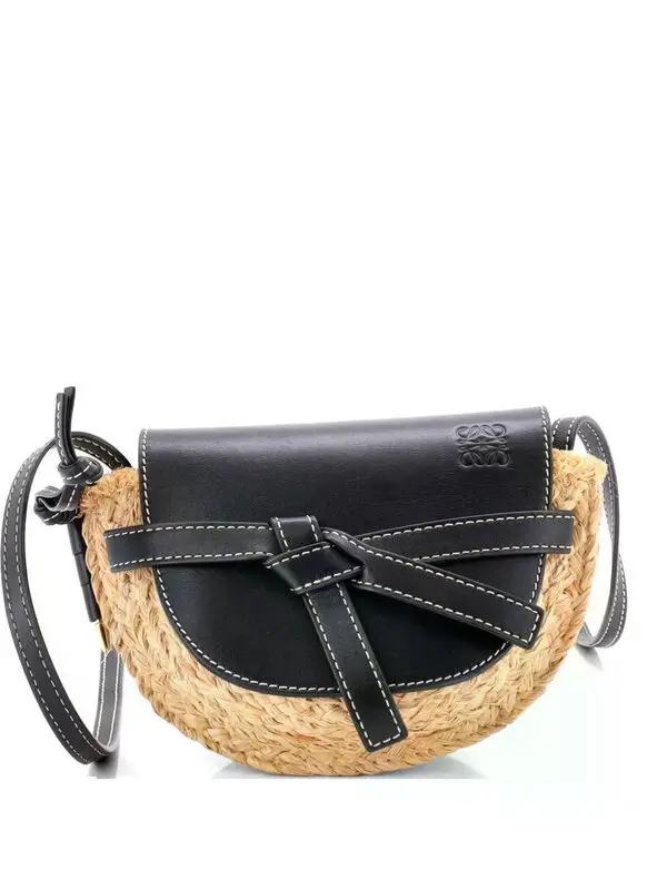 Loewe Gate Leather Shoulder Bag With Raffia - Black