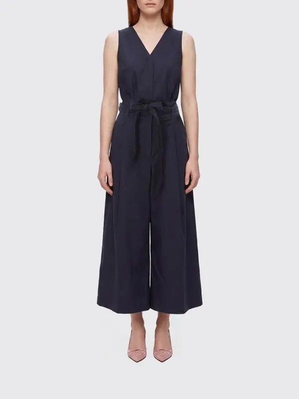 Max Mara Cotton Sleeveless V-neck Jumpsuit With Sash Belt - Blue
