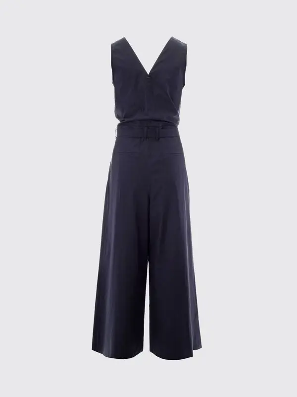 Max Mara Cotton Sleeveless V-neck Jumpsuit With Sash Belt - Blue