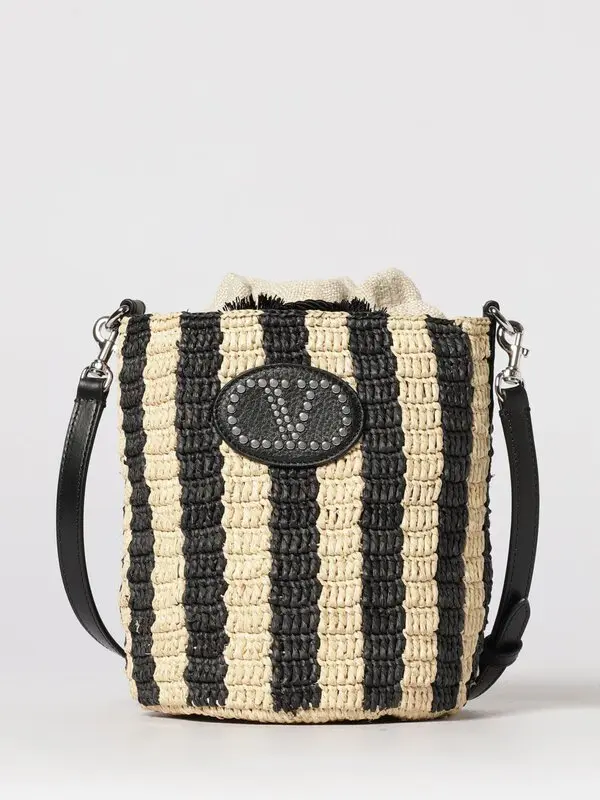 Valentino Garavani Striped Crochet Raffia Bucket Bag - Black
