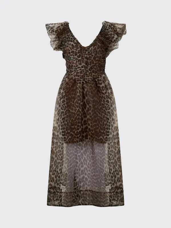 GANNI Leopard Print Ruffled V-neck Midi Dress - Multicolor