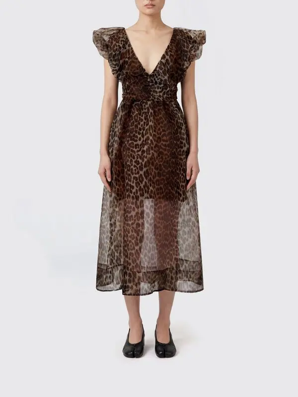 GANNI Leopard Print Recycled Polyester Midi Dress - Multicolor