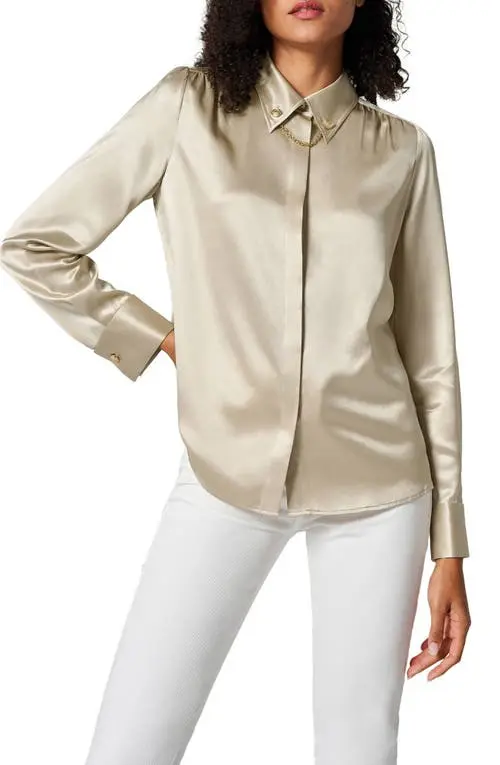 Lilysilk Charmeuse Silk Blouse With Metal Chain Detail - Medium Brown