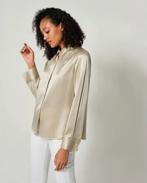 Lilysilk Charmeuse Silk Blouse With Metal Chain Detail - Medium Brown