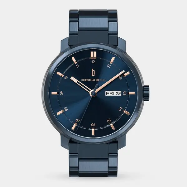Lilienthal Berlin Neolux Day Date Automatic Rose Gold Stainless Steel Watch - Blue