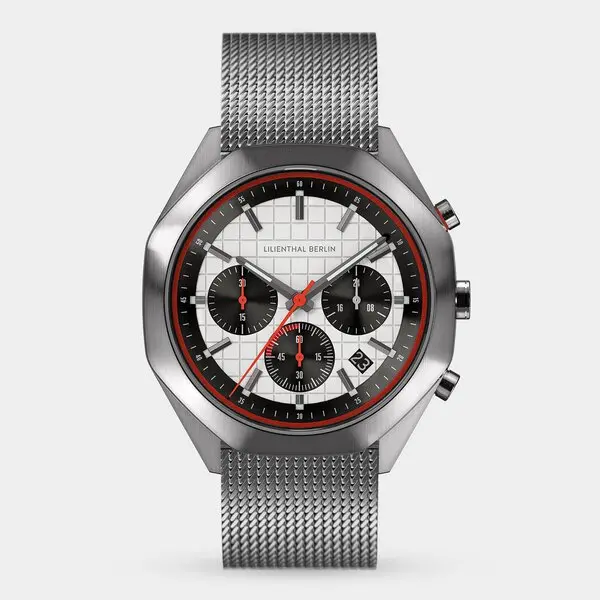 Lilienthal Berlin Octachrono Silver Red Mesh Chronograph Watch - Silver,red