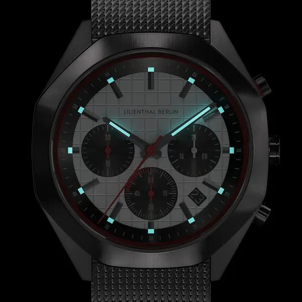 Lilienthal Berlin Octachrono Silver Red Mesh Chronograph Watch - Silver,red