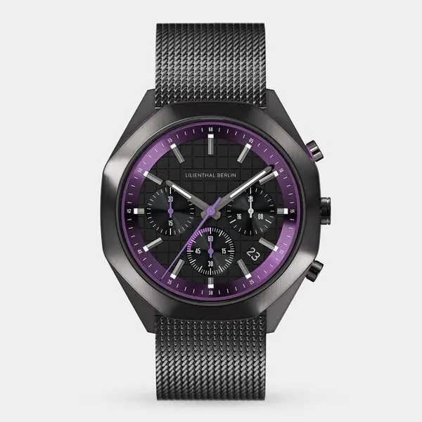 Lilienthal Berlin Octachrono Dark Silver Purple Mesh Anthracite Brushed Chronograph Watch - Gray,purple