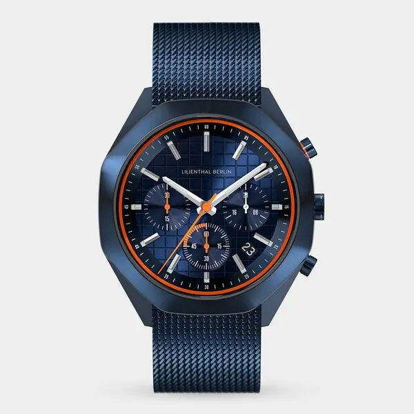 Lilienthal Berlin Octachrono Orange Mesh Brushed Chronograph Watch - Blue